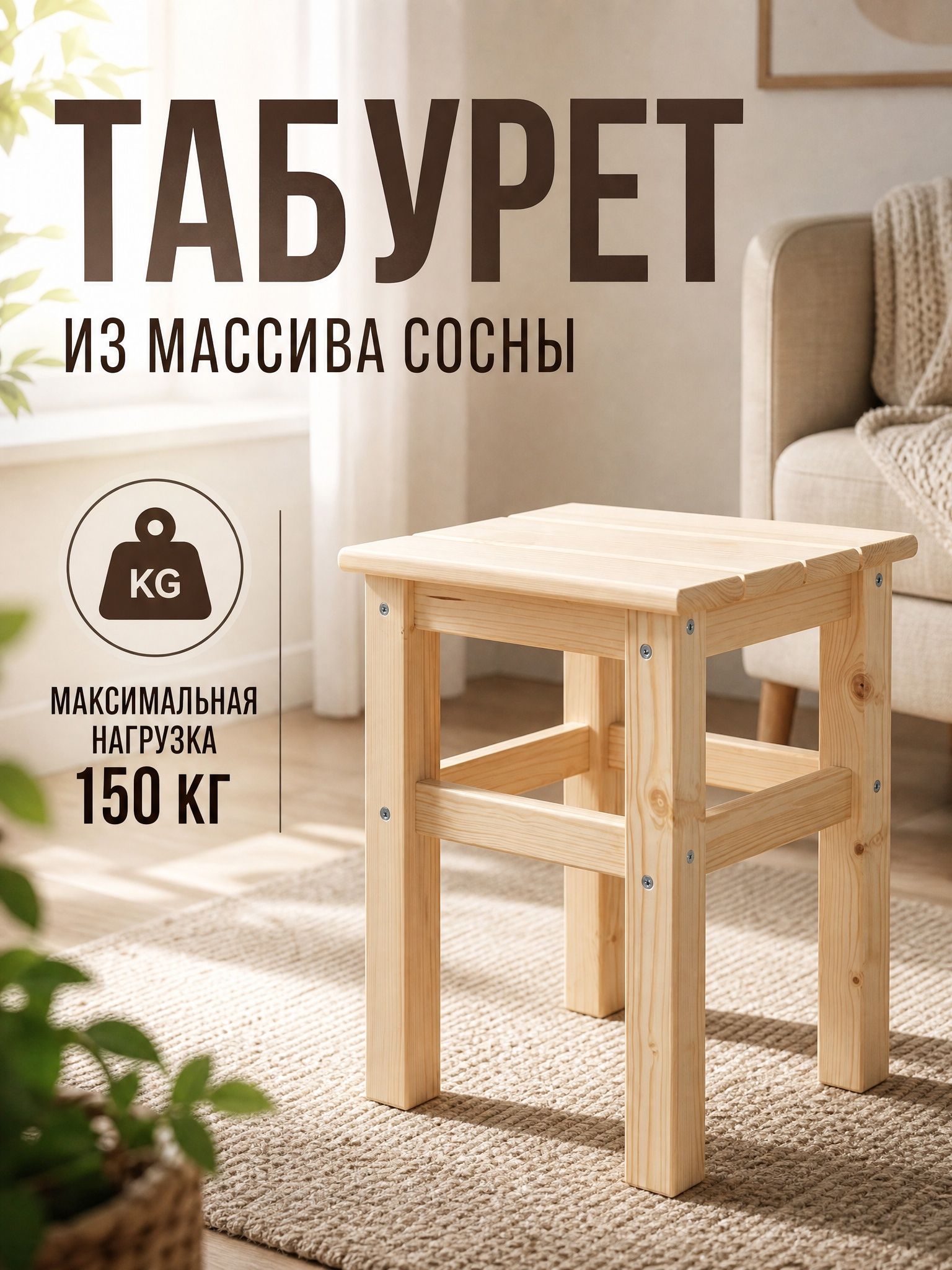 Табурет деревянный из массива сосны для кухни, 33х33
