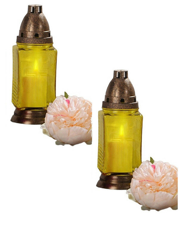 Набор 2 Лампады стеклянные с крестом с крышкой h-25,5 см желтые