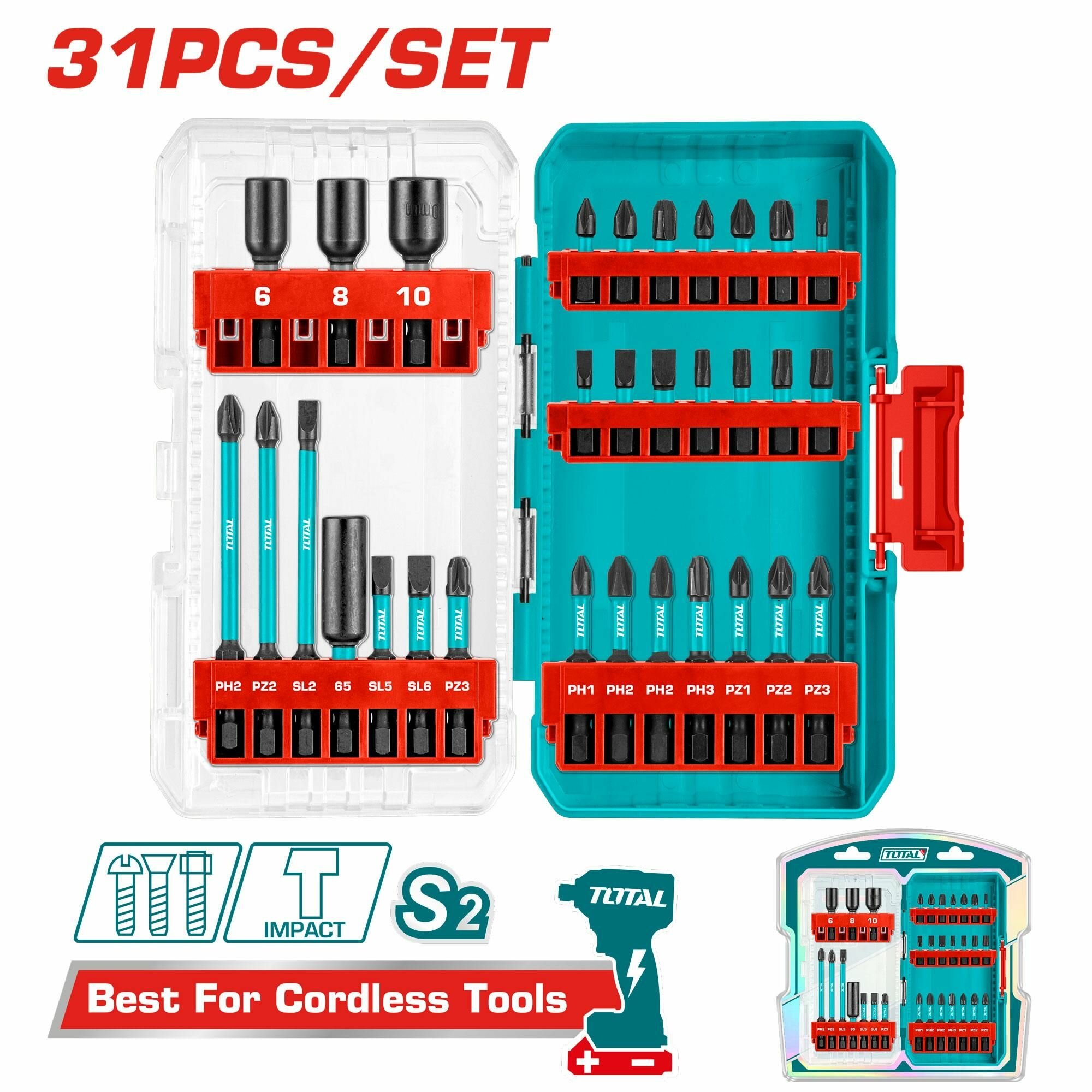 Набор ударных магнитных бит и торцевых головок для шуруповерта / винтоверта 31 шт INGCO