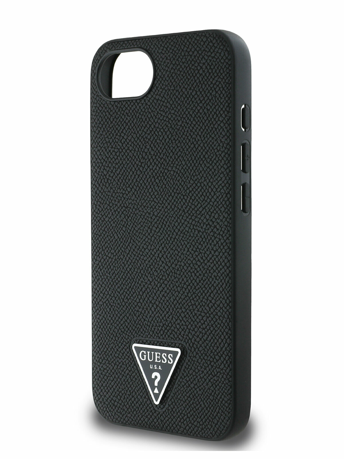 Guess для iPhone 16e чехол PU Grained leather Triangle metal logo & Camera Hard Black (MagSafe)