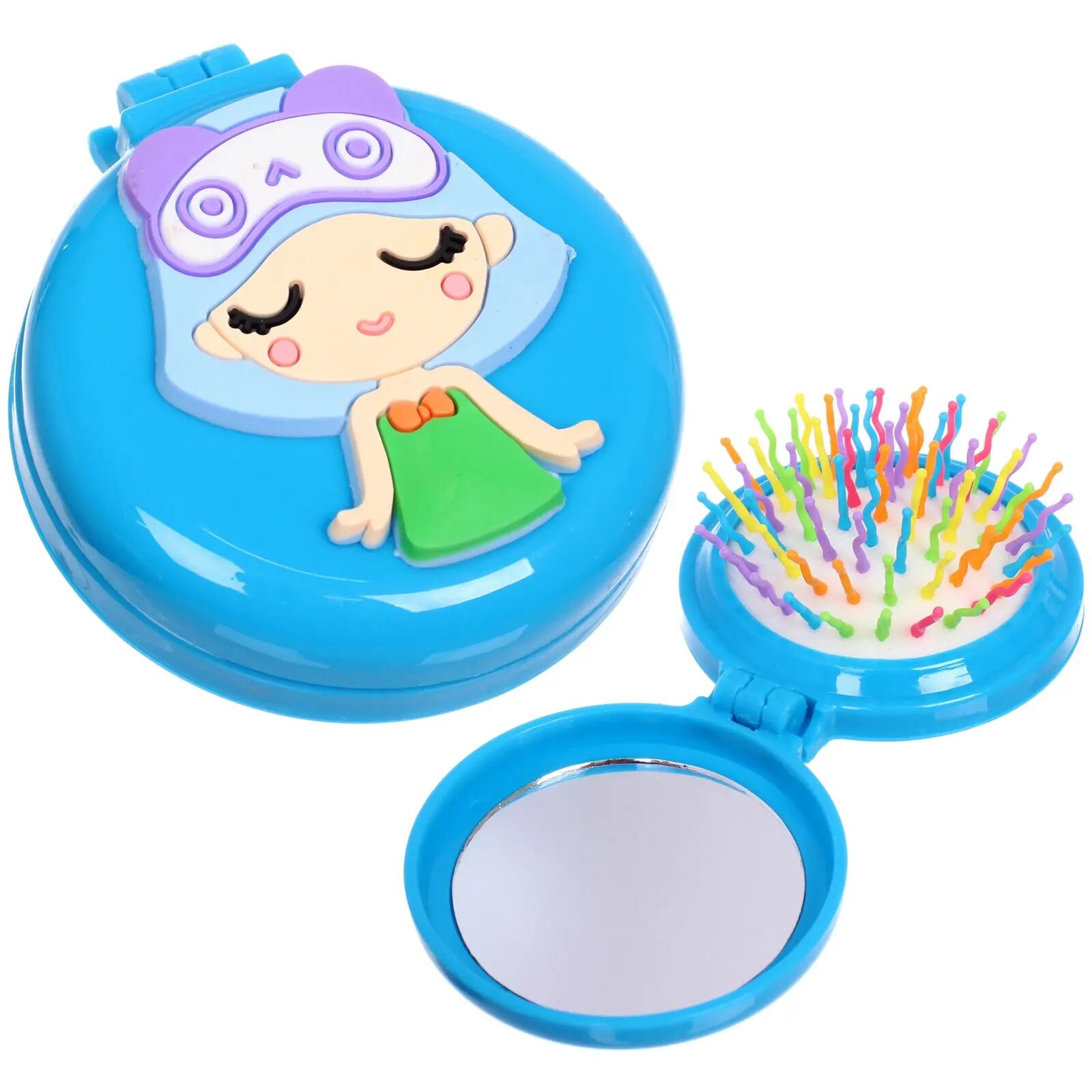 Расческа массажная детская складная «Barbariska», с зеркалом, d-7см, сине-голубая