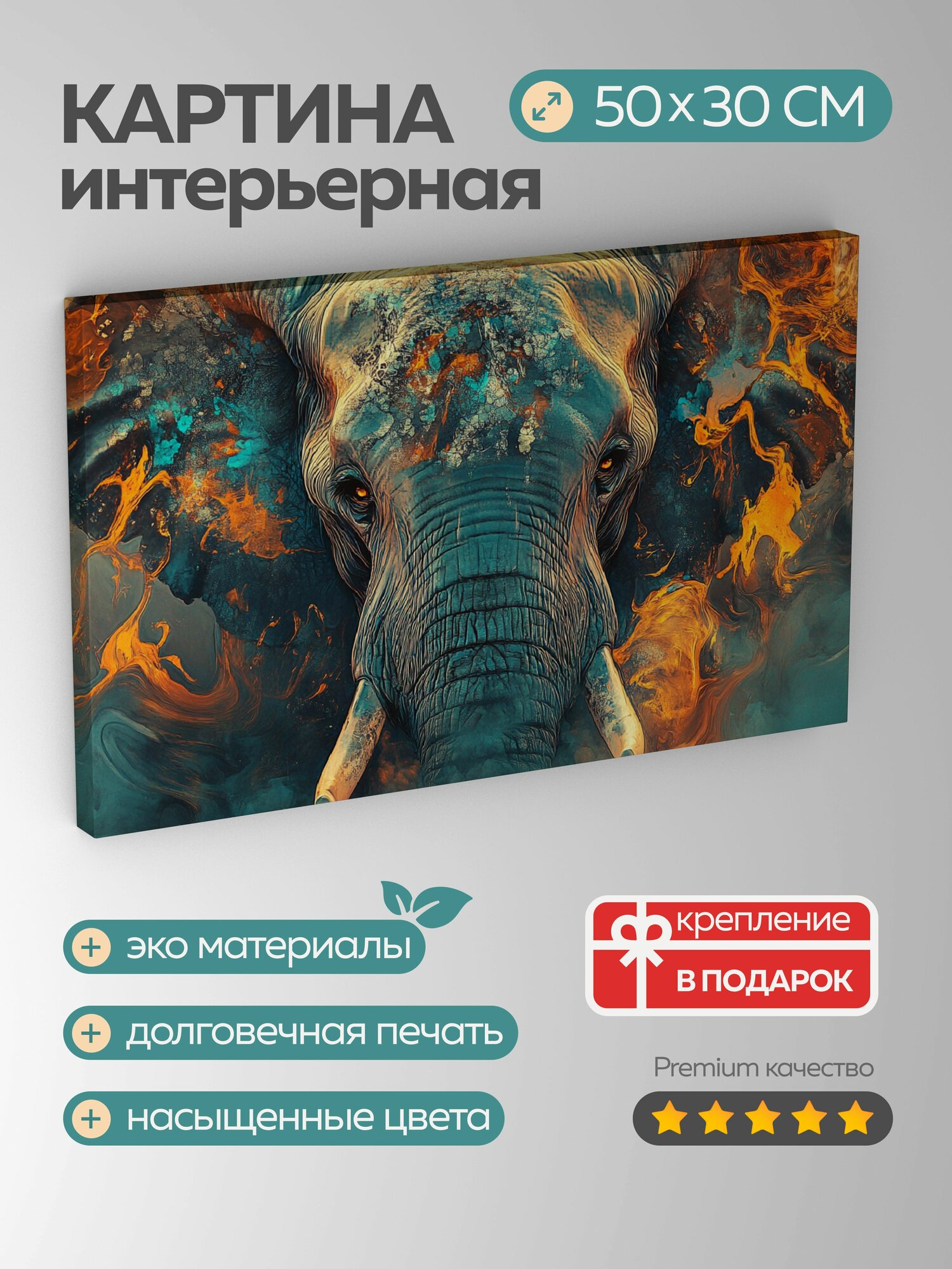 Картина на холсте интерьерная 50х30 см, Слон, глаза, мудрость, сострадание, детали, цветовая палитра, выражение