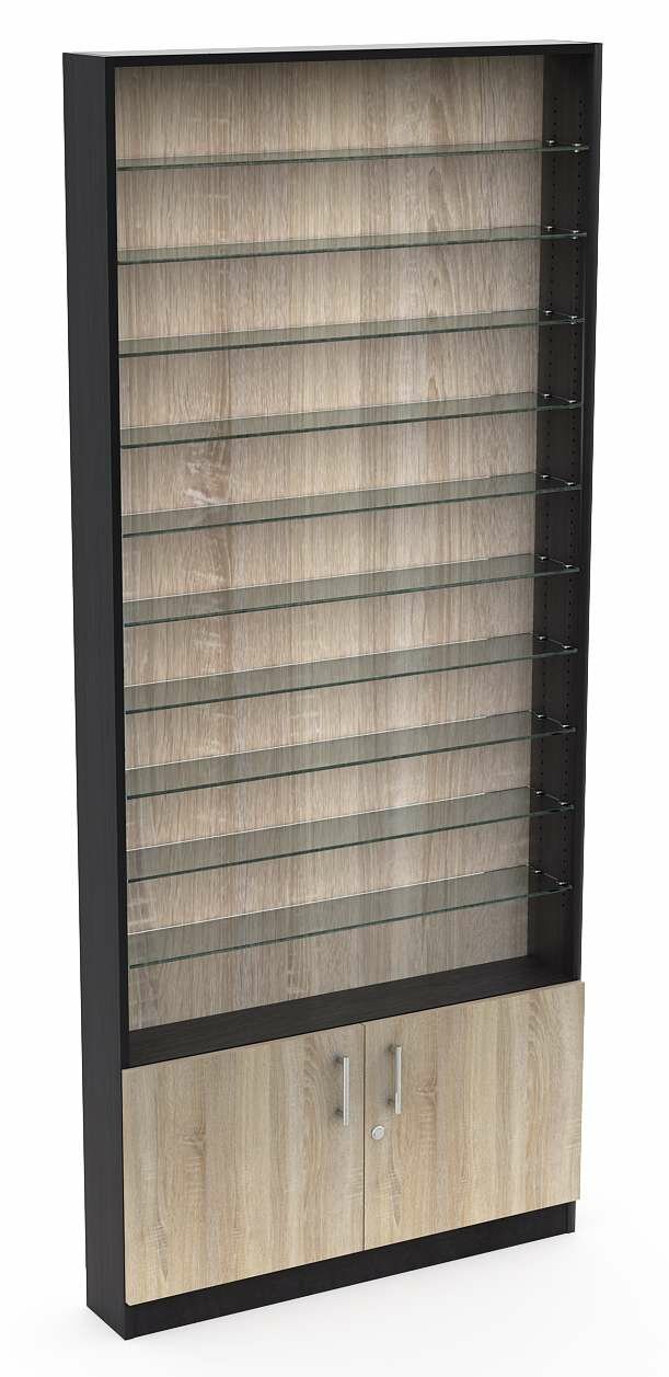 Стеллаж с 10-ю стеклянными полками 150x900 мм серии UP-10 №9 (З/C - ДВП), Крем Вайс