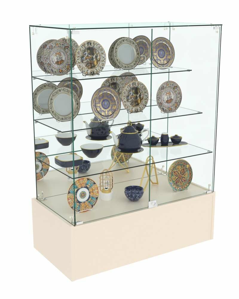 Торговый пристенный прилавок Зеркало с тремя прозрачными полками №108 (закрытый), Крем Вайс