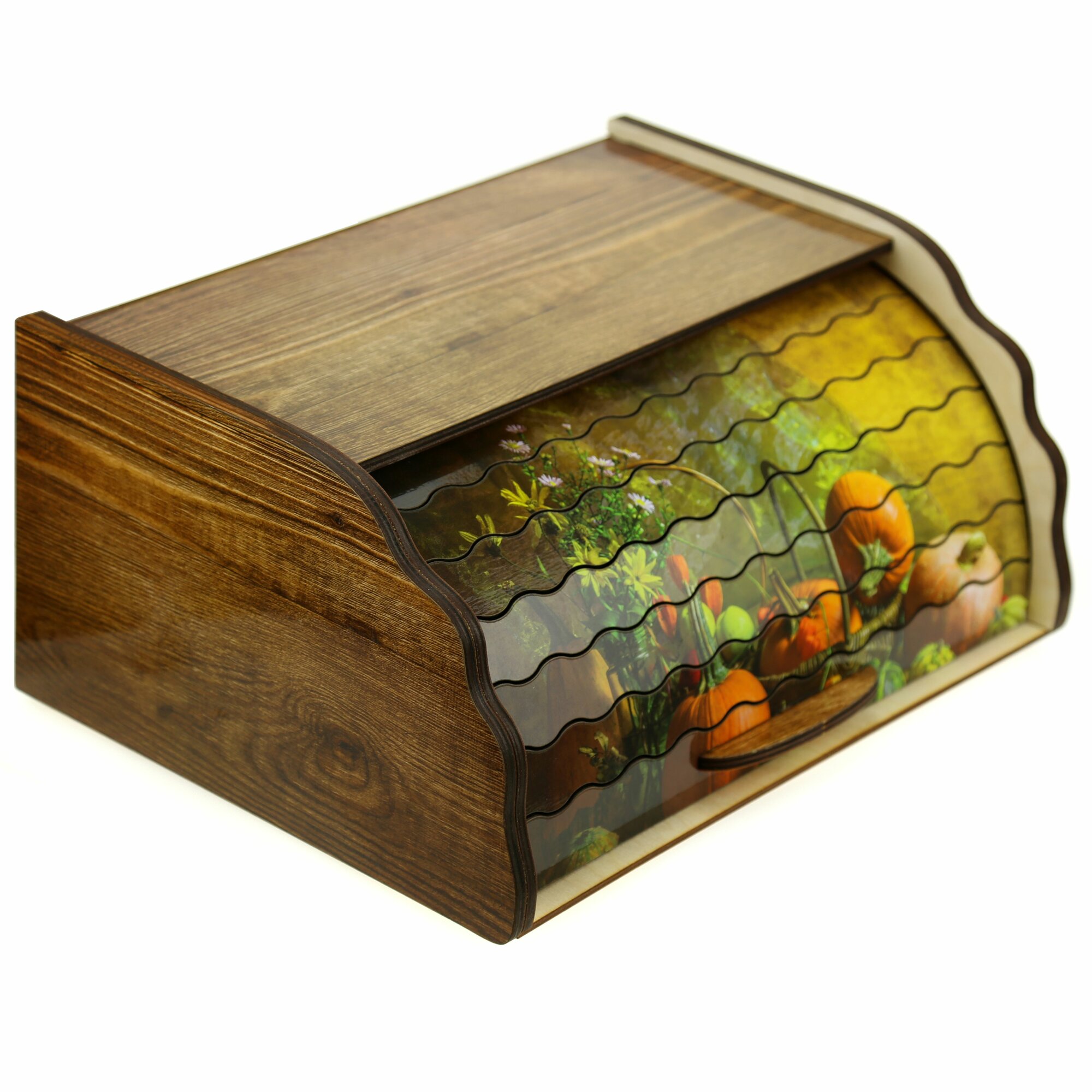 Хлебница деревянная "Натюрморт с тыквой" 38х28х17см, сдвижная крышка