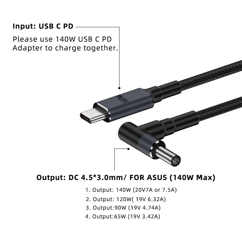 Кабель USB C PD для Asus 140W DC 4.5x3.0mm