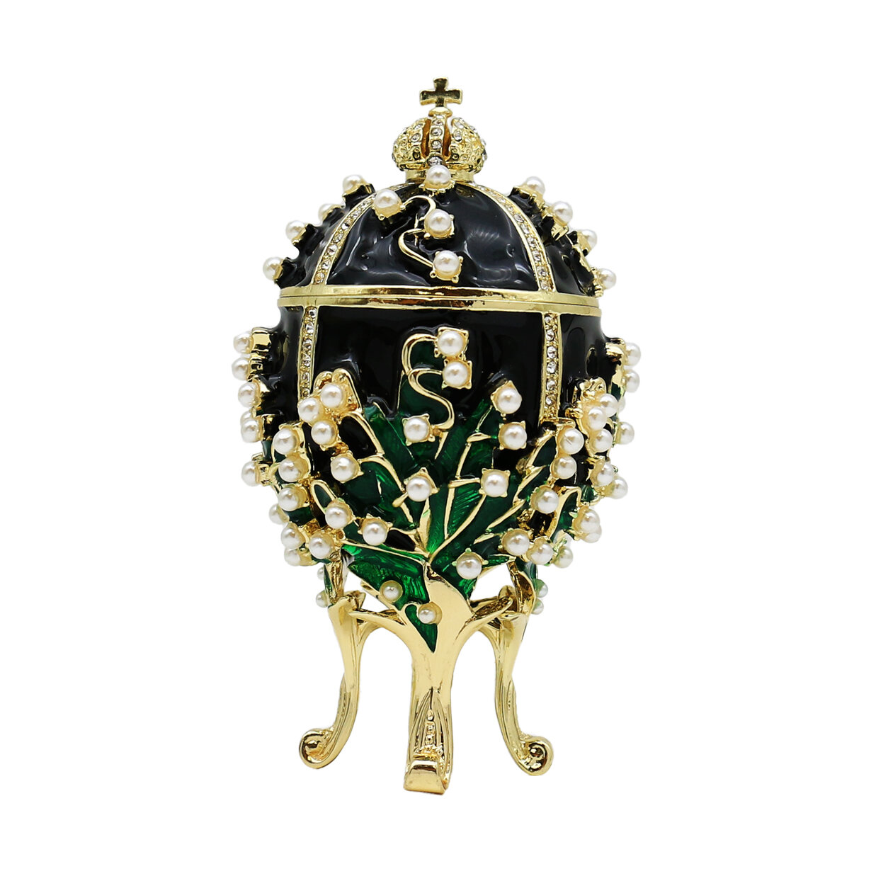 Яйцо Фаберже СВ Ландыш с короной, черное с золотом, 11см