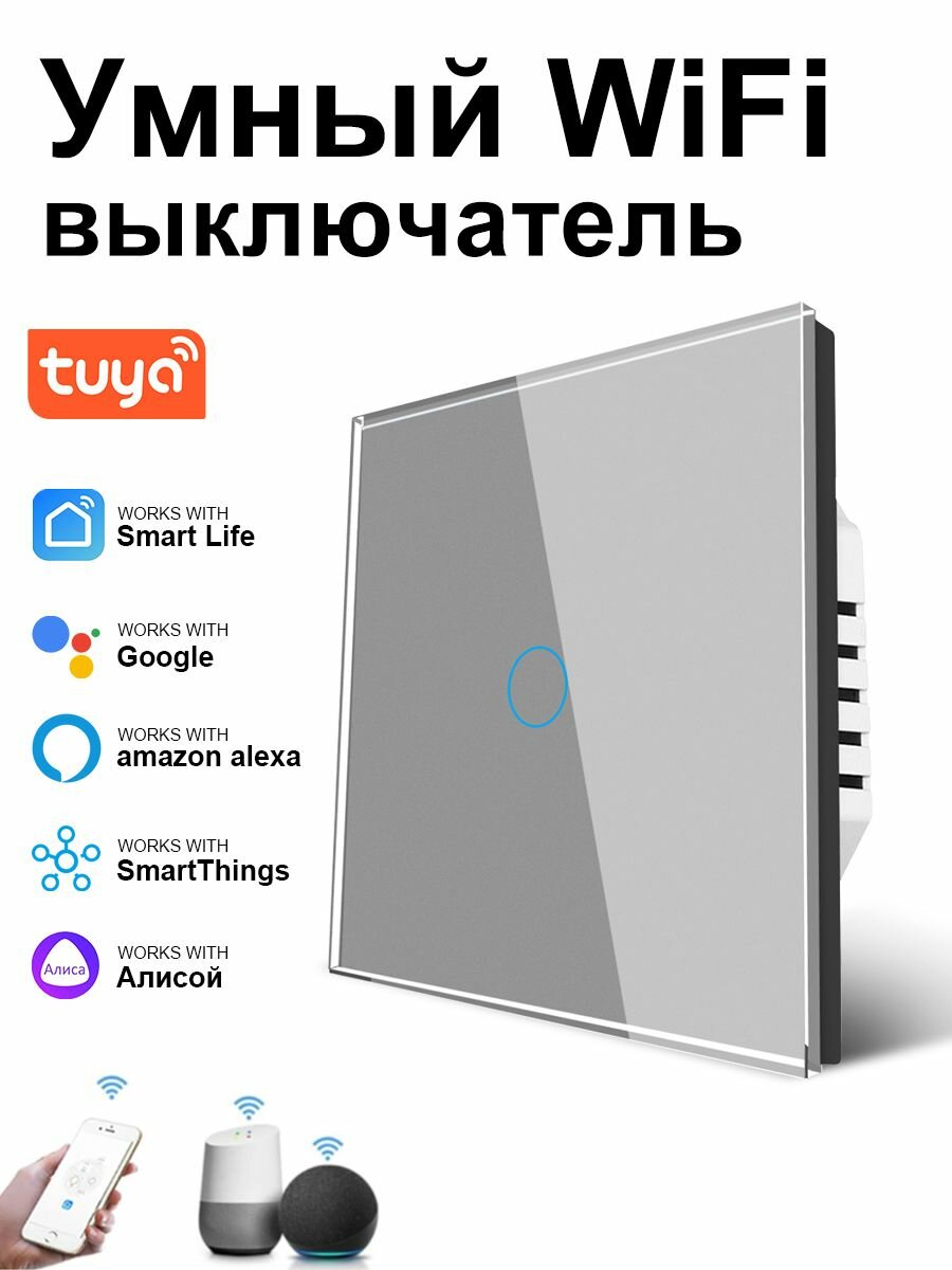 Умный сенсорный выключатель с Алисой WIFI одноклавишный серый