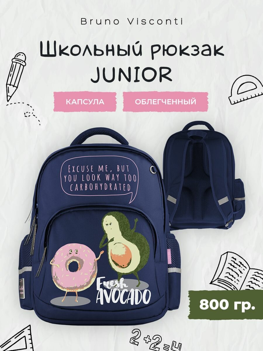 Рюкзак школьный для девочек Bruno Visconti "авокадо И пончик", синий, ортопедический ранец арт.12-002-217/02