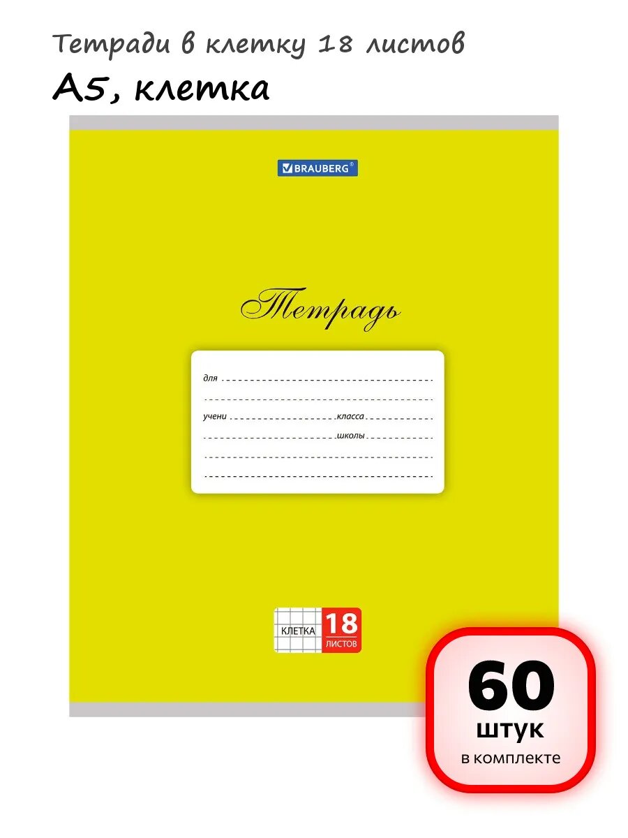 60 штук - Тетради в клетку 18 листов А5, клетка, арт. 104728