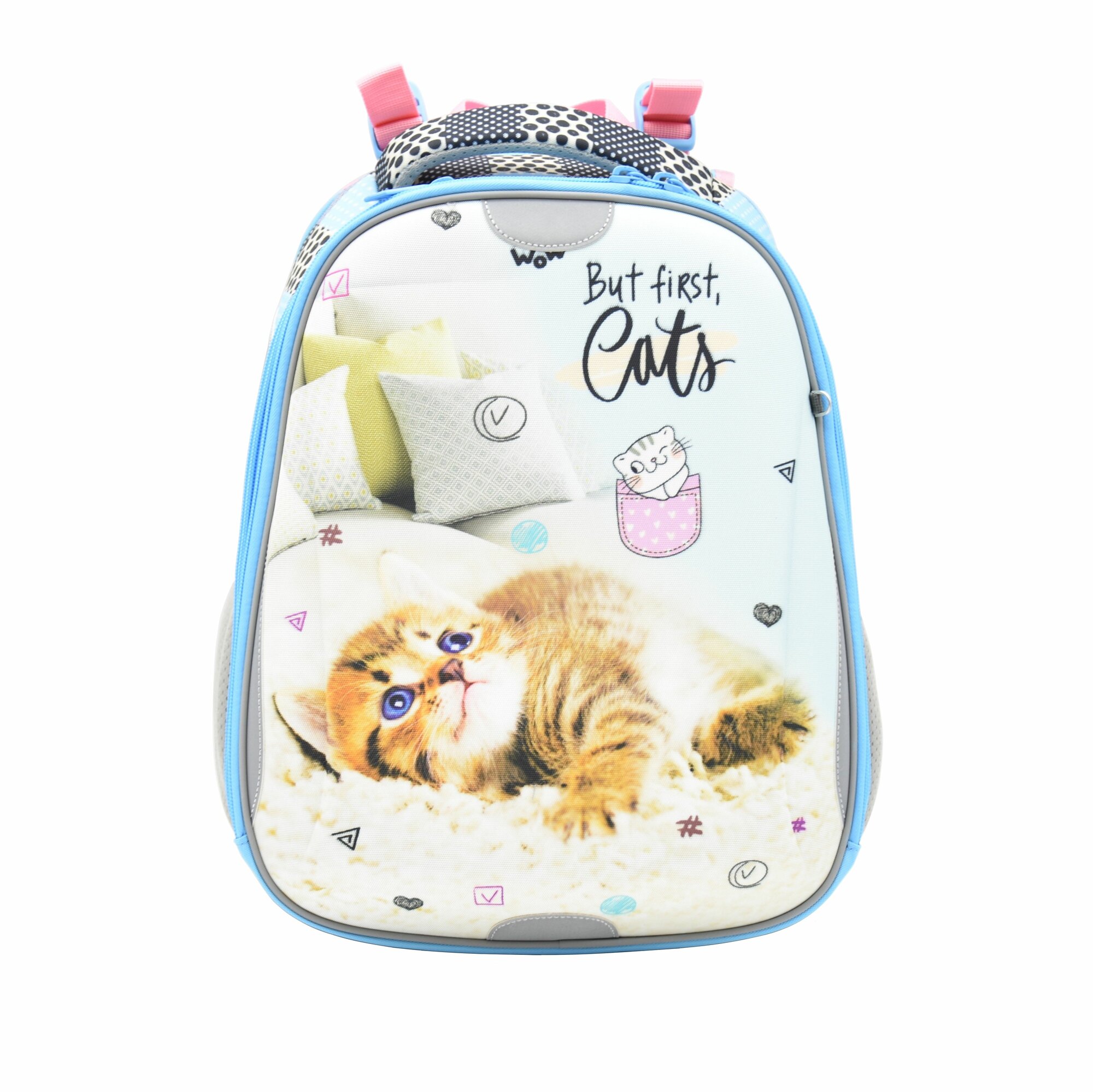 Ранец с анатомической спинкой 2 отделения 2 кармана "Котик" голубой