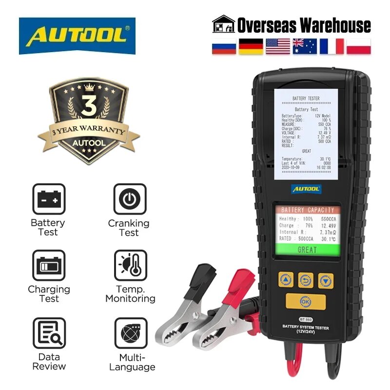 Автомобильный тестер аккумуляторов AUTOOL BT860 с принтером, автомобильное зарядное устройство, 24 В, 12 В, Тестер Аккумуляторов автомобиля, тестер емкости аккумуляторов 12 В