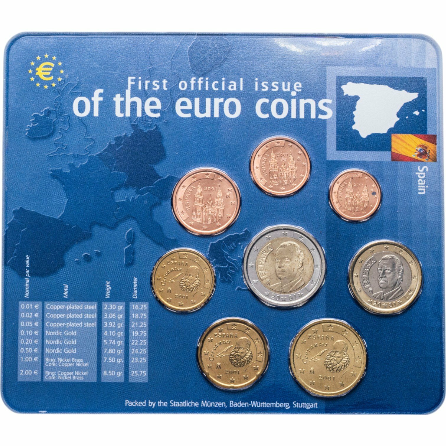 Испания набор из 8 монет евро 2001, Биметалл, нордик, сталь с медным покрытием, в сохранности AU-UNC