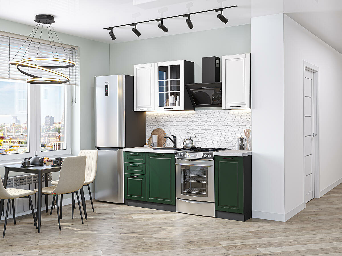 Кухня Дублин-04, цвет фасада Special White/Special Green, цвет каркаса Graphite, 2140*1300*600 мм