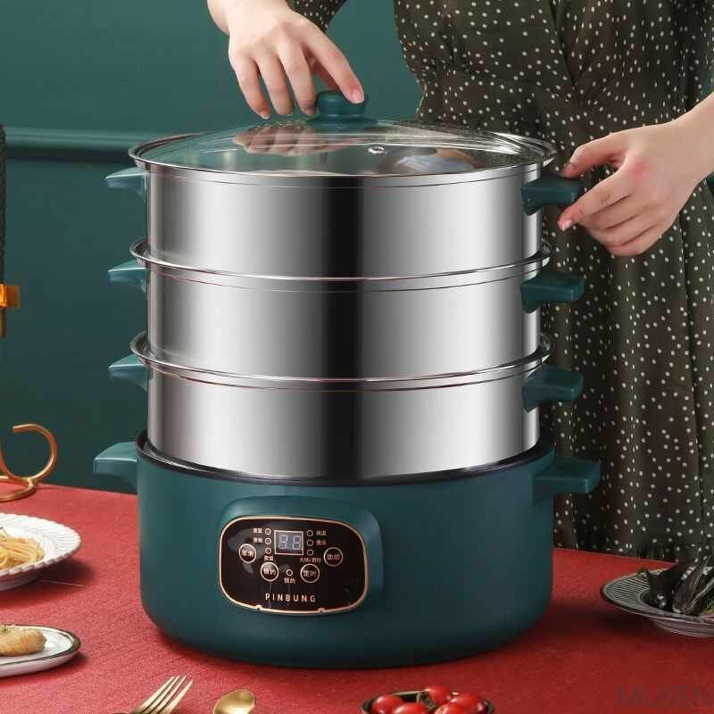 Мультиварка, пароварка электрическая, Сковорода с антипригарным покрытием, Время встречи,3 паровые корзины из нержавеющей стали, 8 л, зеленый
