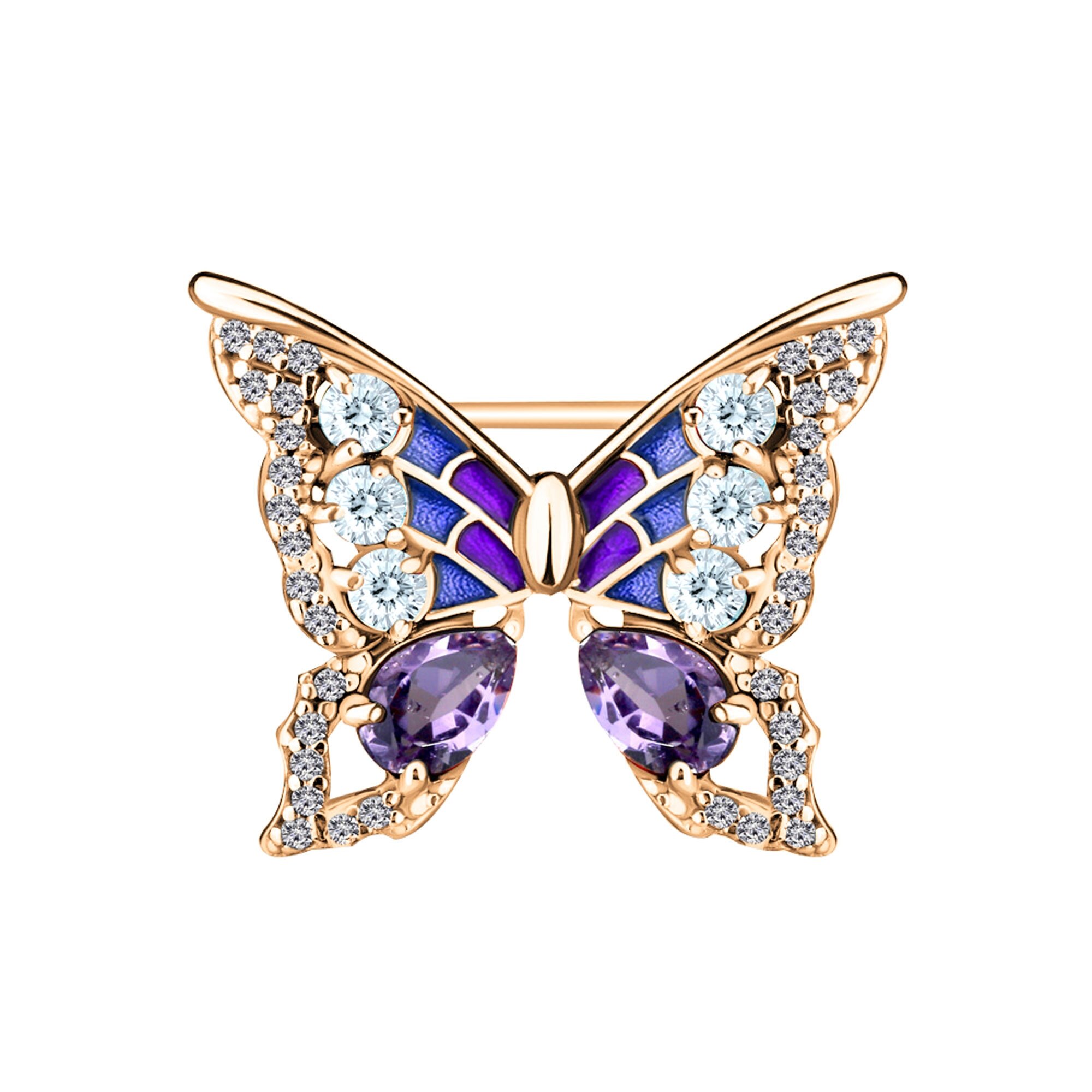 Брошь, серебро, 925 проба, золочение, эмаль, топаз, фианит, аметист