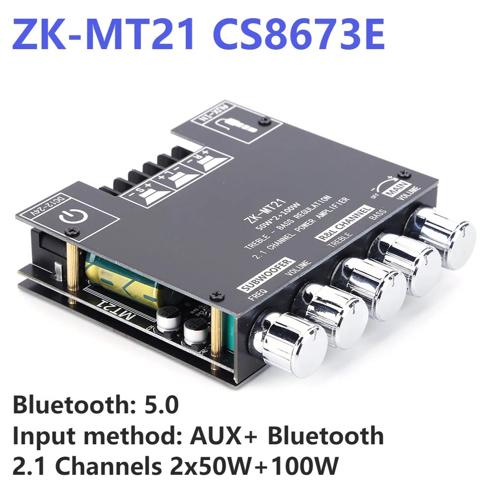 ZK-MT21 Bluetooth 5,0 2,1-канальный сабвуфер, плата усилителя звука, 50 Вт * 2 + 100 Вт, модуль стереоусилителя мощности, басовый усилитель AUX