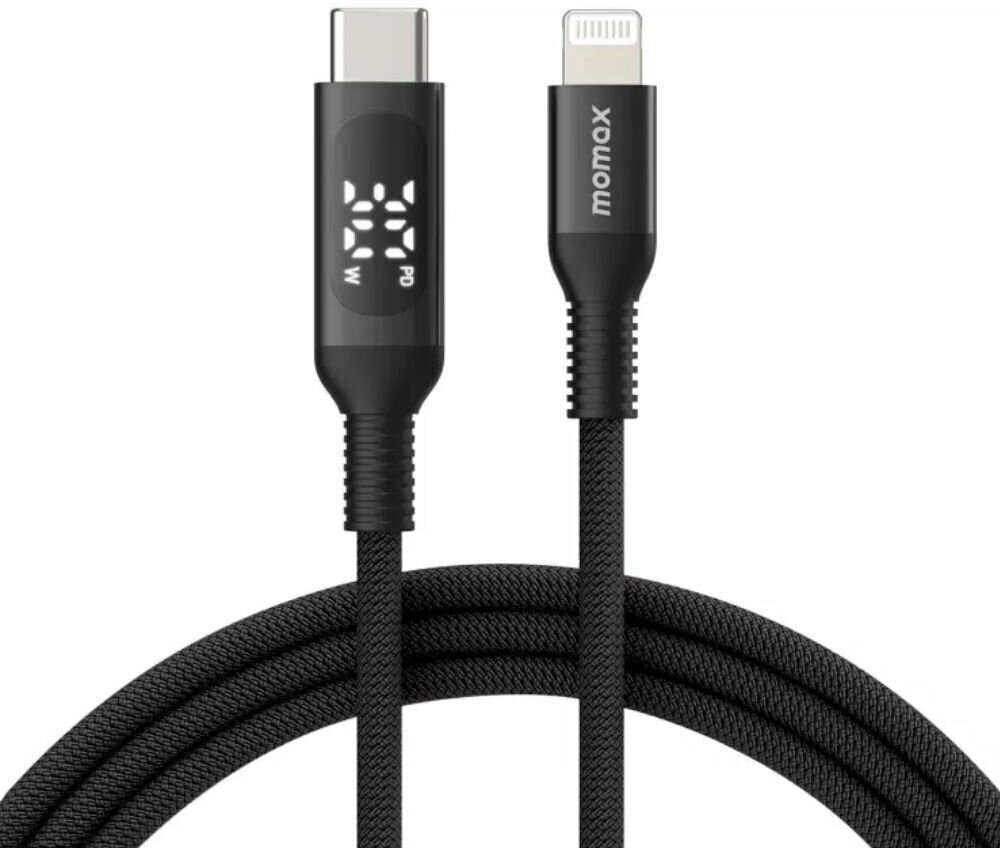 Кабель для зарядки Momax EliteLink USB-C to Lightning с LED дисплеем, 1.2 метра, PD 30 Вт - Черный