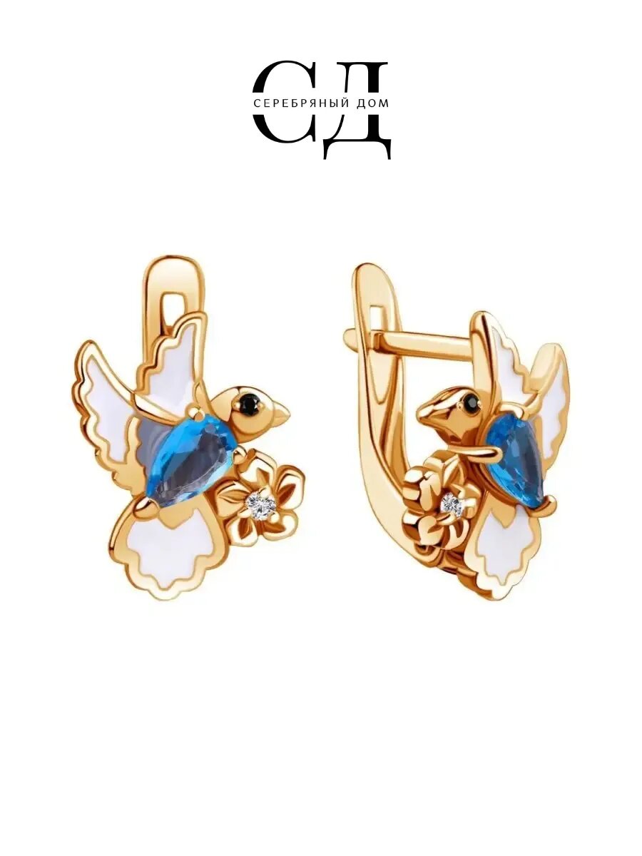 Серьги, 925, 585 проба, золочение, фианит, кварц синтетический