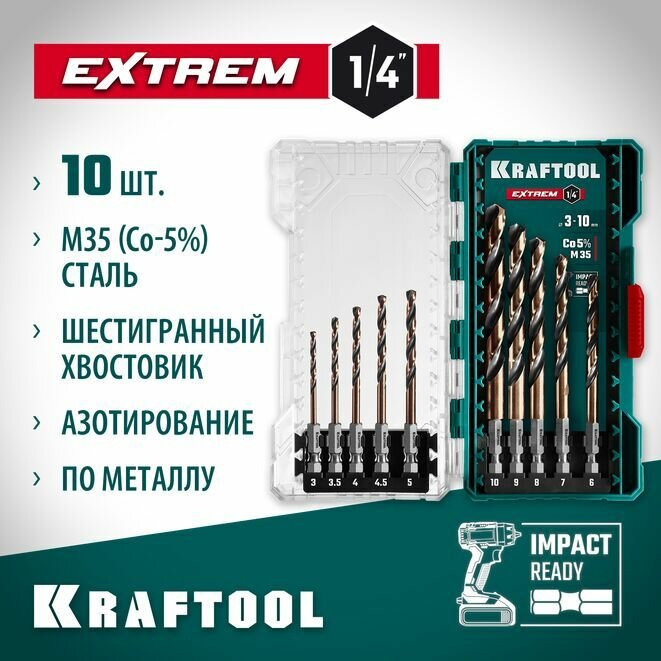 Набор сверл по металлу для винтовёртов и шуруповертов IMPACT READY, KRAFTOOL НЕХ-1/4", 10 шт.