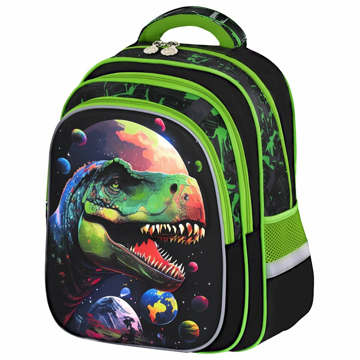 Рюкзак школьный Brauberg Kids FLOSSY, 2 отделения, 3 кармана, "Galaxy Dino", 3D-панель, 40х28х18см (273182)