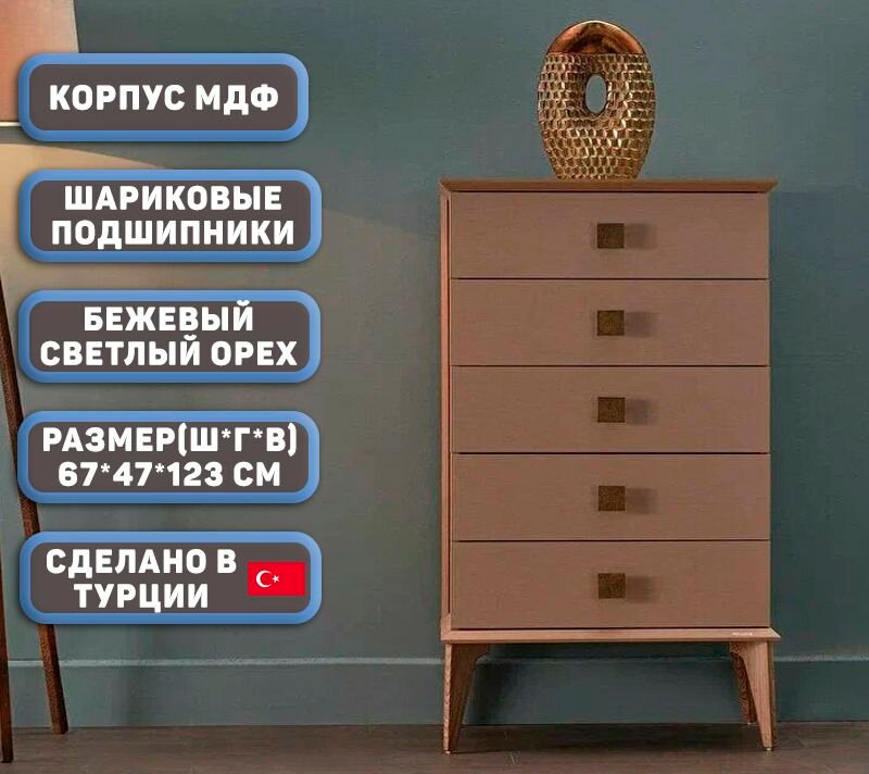 Высокий комод, бельевой, 5 ящиков Сильва цвет Бежевый/Светлый Орех, Турция, высокие ножки