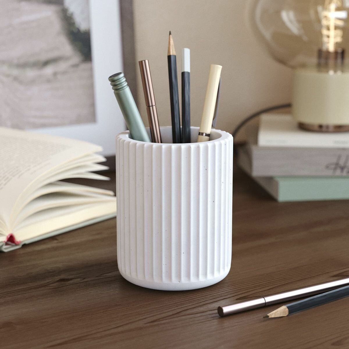Стакан канцелярский Chloe, подставка для ручек и карандашей, 11х9х9 см, бетон, белый матовый KL