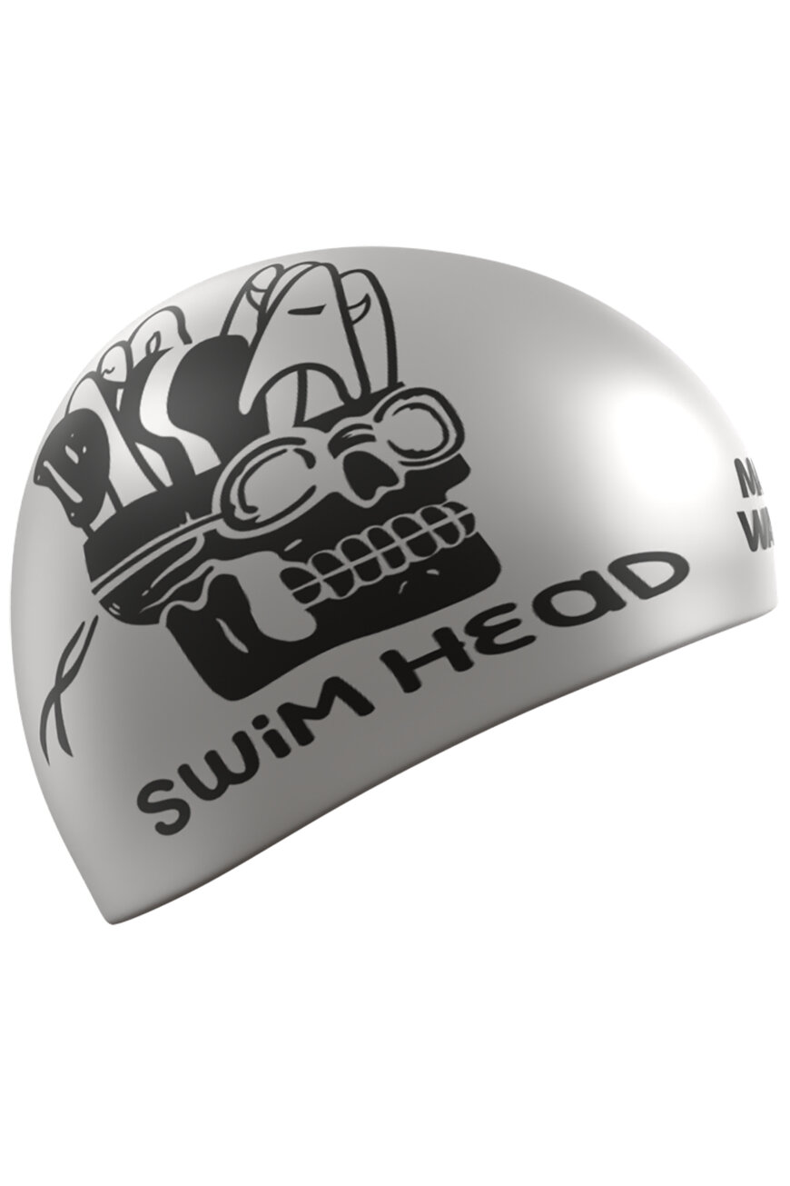 Силиконовая двухсторонняя шапочка MAD WAVE Reverse Swim head, универсальная, цвет серебряный/синий с рисунком — фото 1