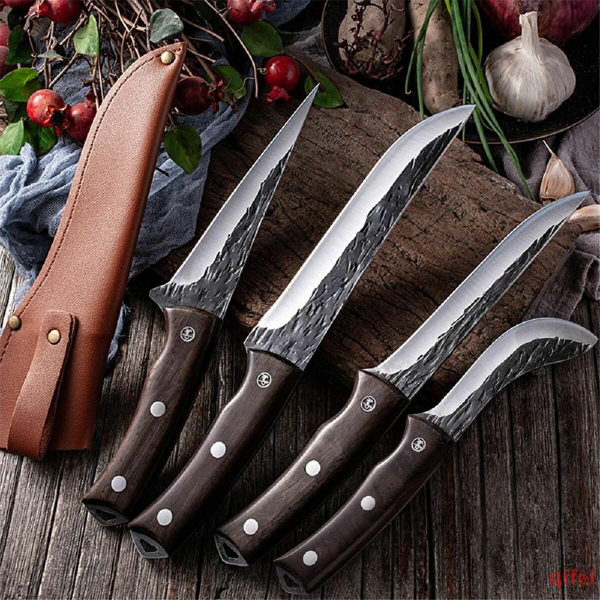 Нож для удаления костей, нож для резки, нож для чистки кожи, 4 комплекта с кожаным чехлом