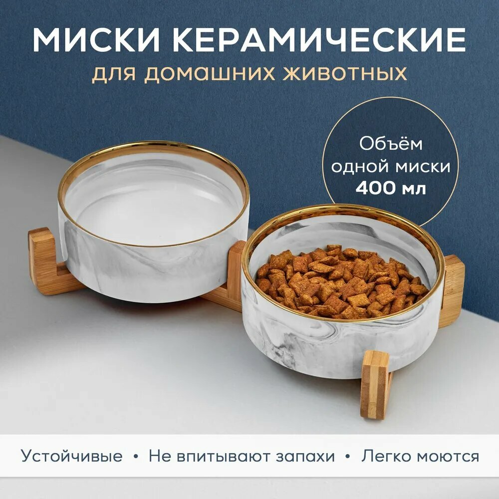 Миска керамическая на подставке для кошек и собак мелких пород, двойная, 400мл