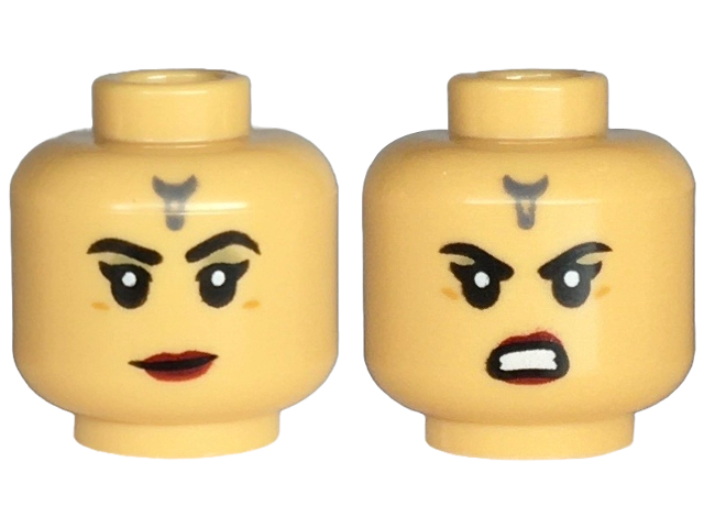 Minifigure, Head Dual Sided Female Black Eyebrows, Single Eyelashes, Dark Bluish Gray Forehead Tattoo, Dark Red Lips, Neutral / Open Mouth Scowl with Teeth Pattern, 3626pb3471 Medium Tan U