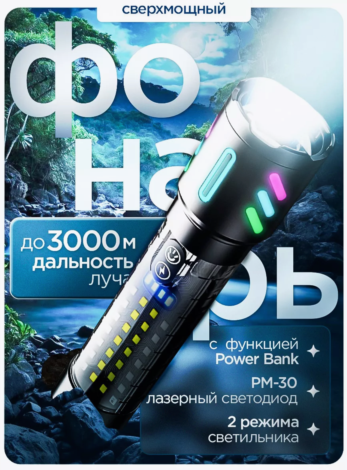 Фонарь светильник ручной аккумуляторный 2 в 1, Сверхмощный лазерный фонарь