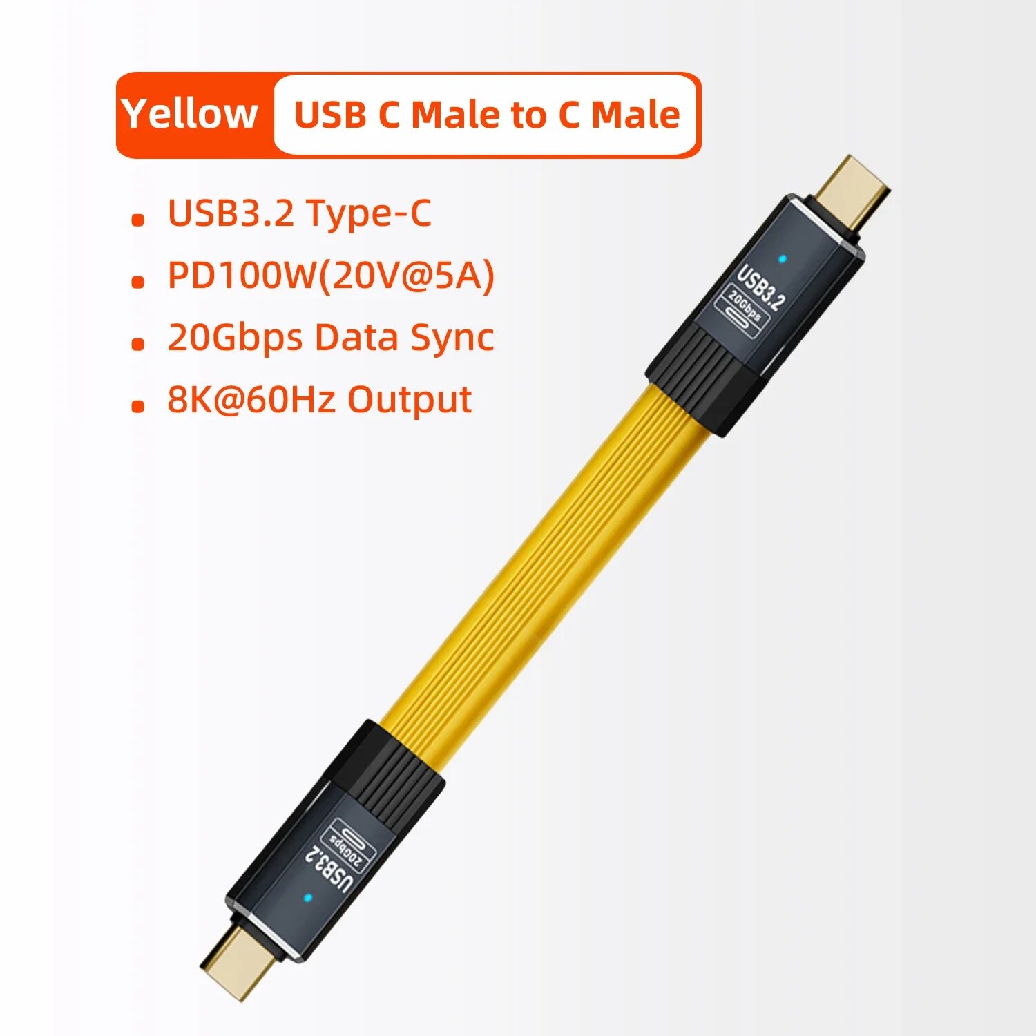 USB C - USB C кабель, 0.8M, Yellow, USB3.2, PD100W, 8K@60Hz