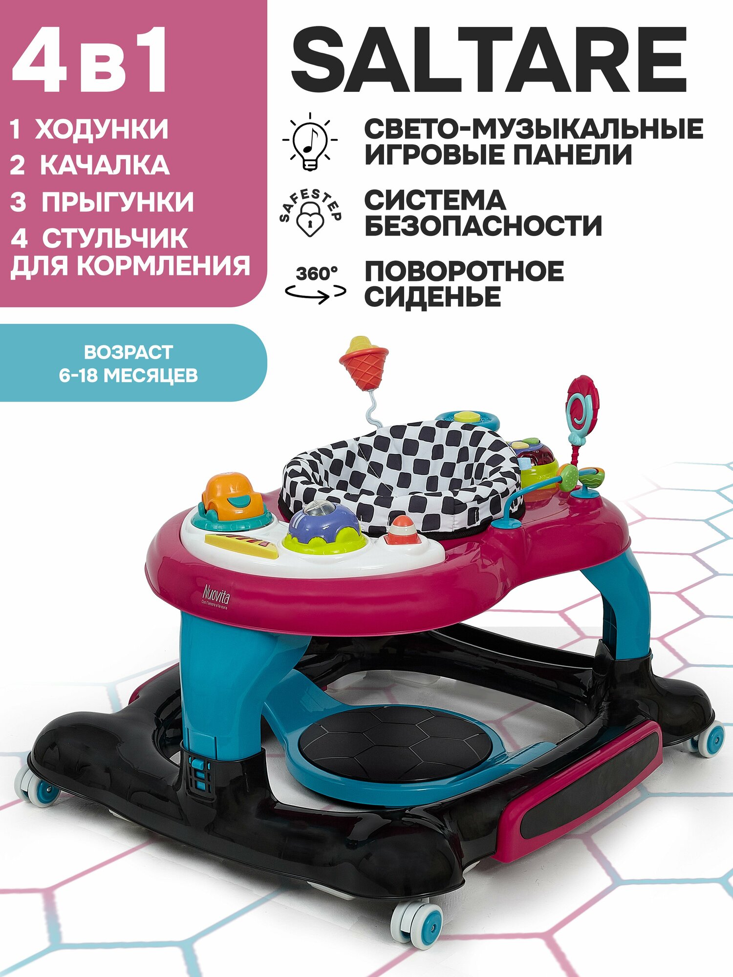 Ходунки детские Nuovita Saltare 4 в 1: ходунки, прыгунки, игровой центр, толкатель (Nero Rosa/Черно - розовый)