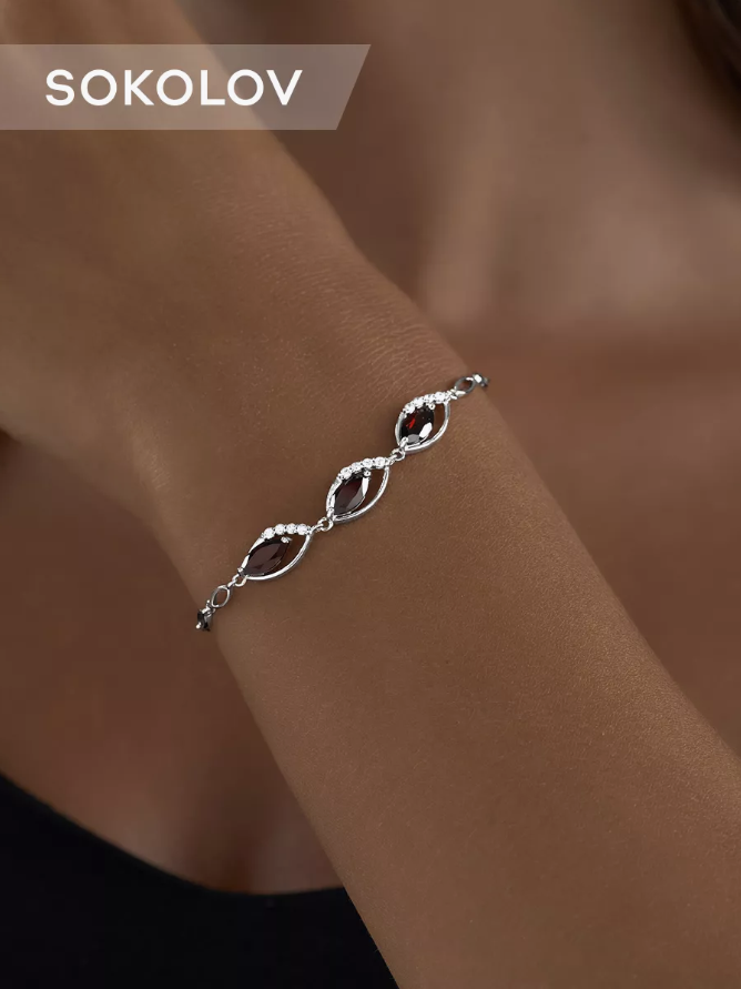 Браслет, серебро, 925 проба, фианит, гранат