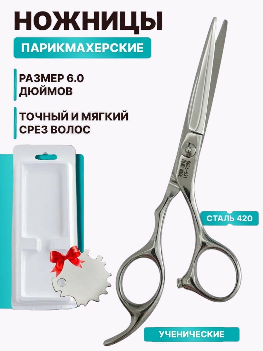 CHARITES / Ножницы парикмахерские прямые, серебряные с камнем 6.0 TG. Блистер, ключ в подарок(7495TC)