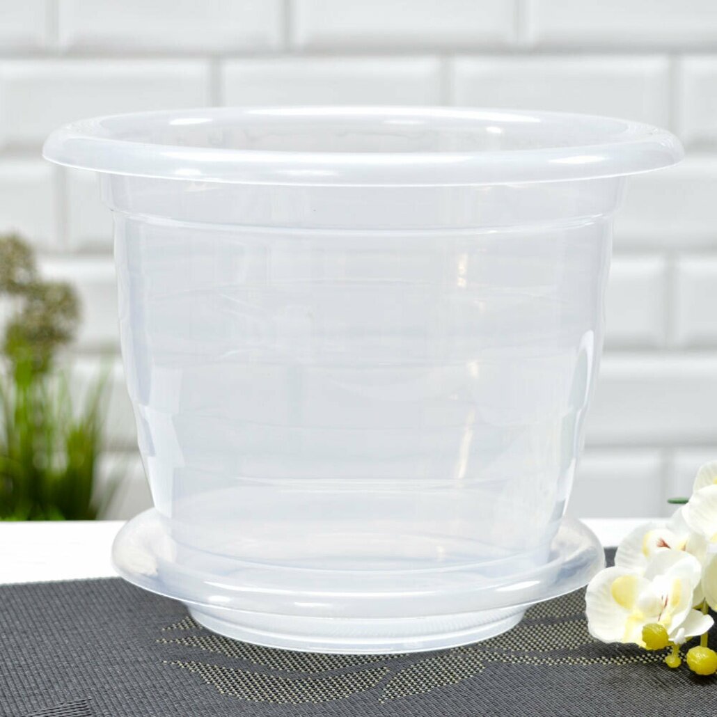 Горшок для орхидеи 2л, прозрачный пластик, с поддоном и дренажными отверстиями