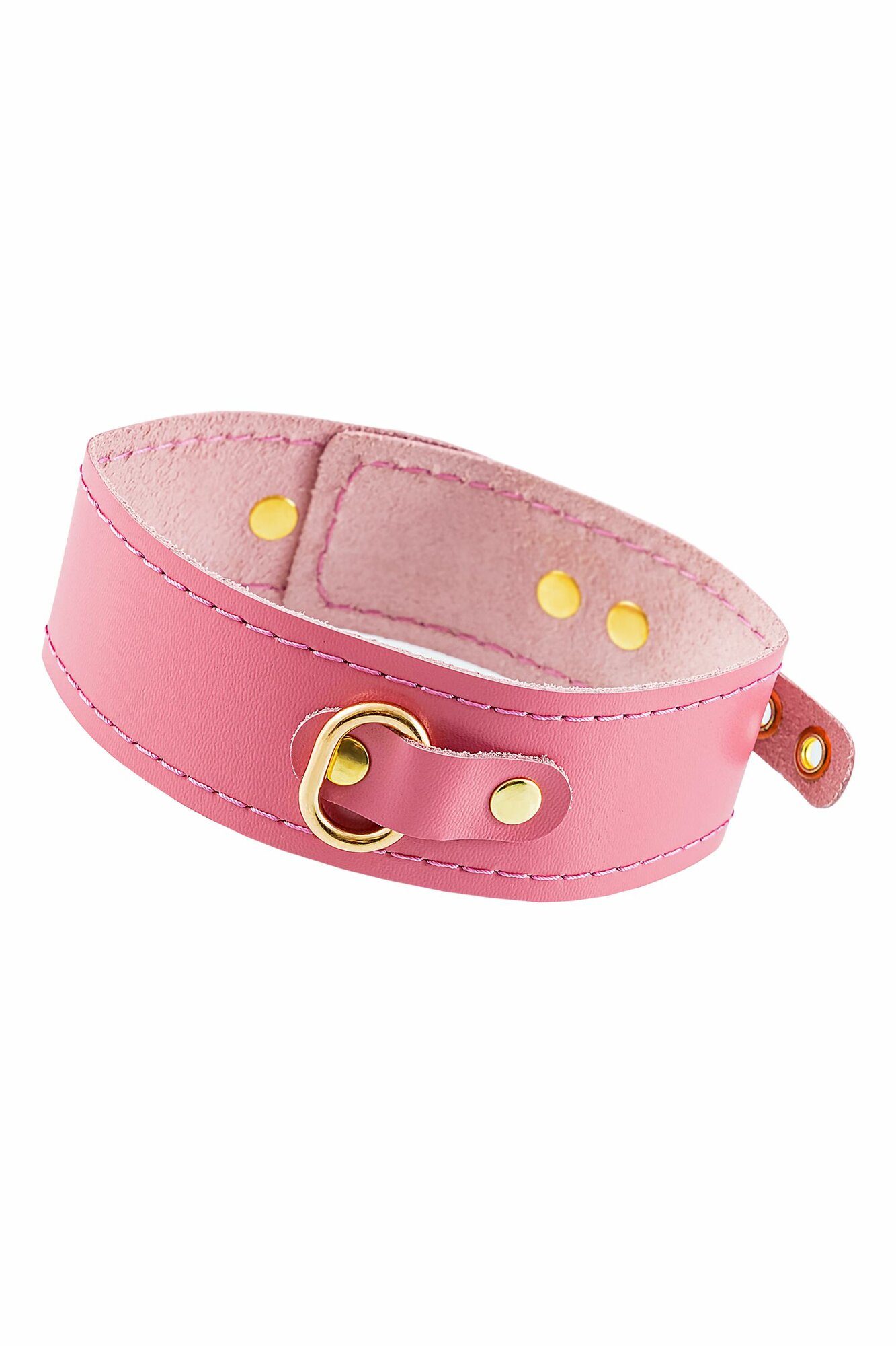 Pecado Розовый кожаный однослойный ошейник с прошивкой Наручники, ошейники