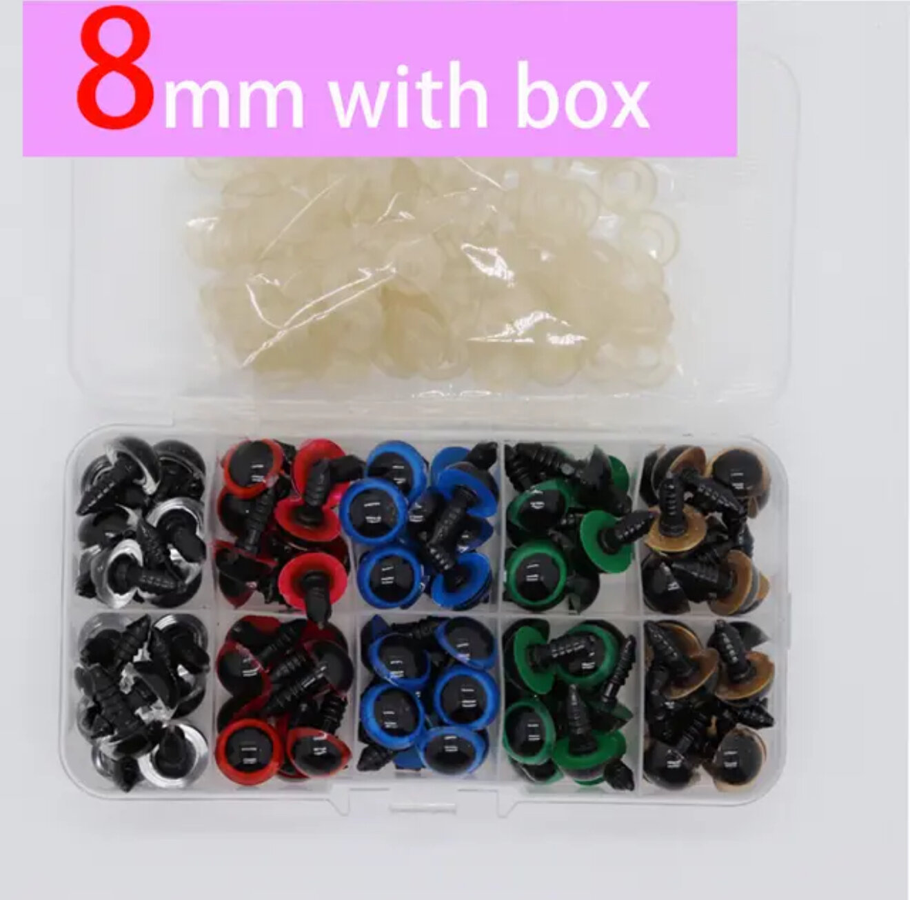 Глазки для мягких игрушек 8 мм набор №1, для рукоделия, с фиксатором, полупрозрачные, цветные, 100 штук