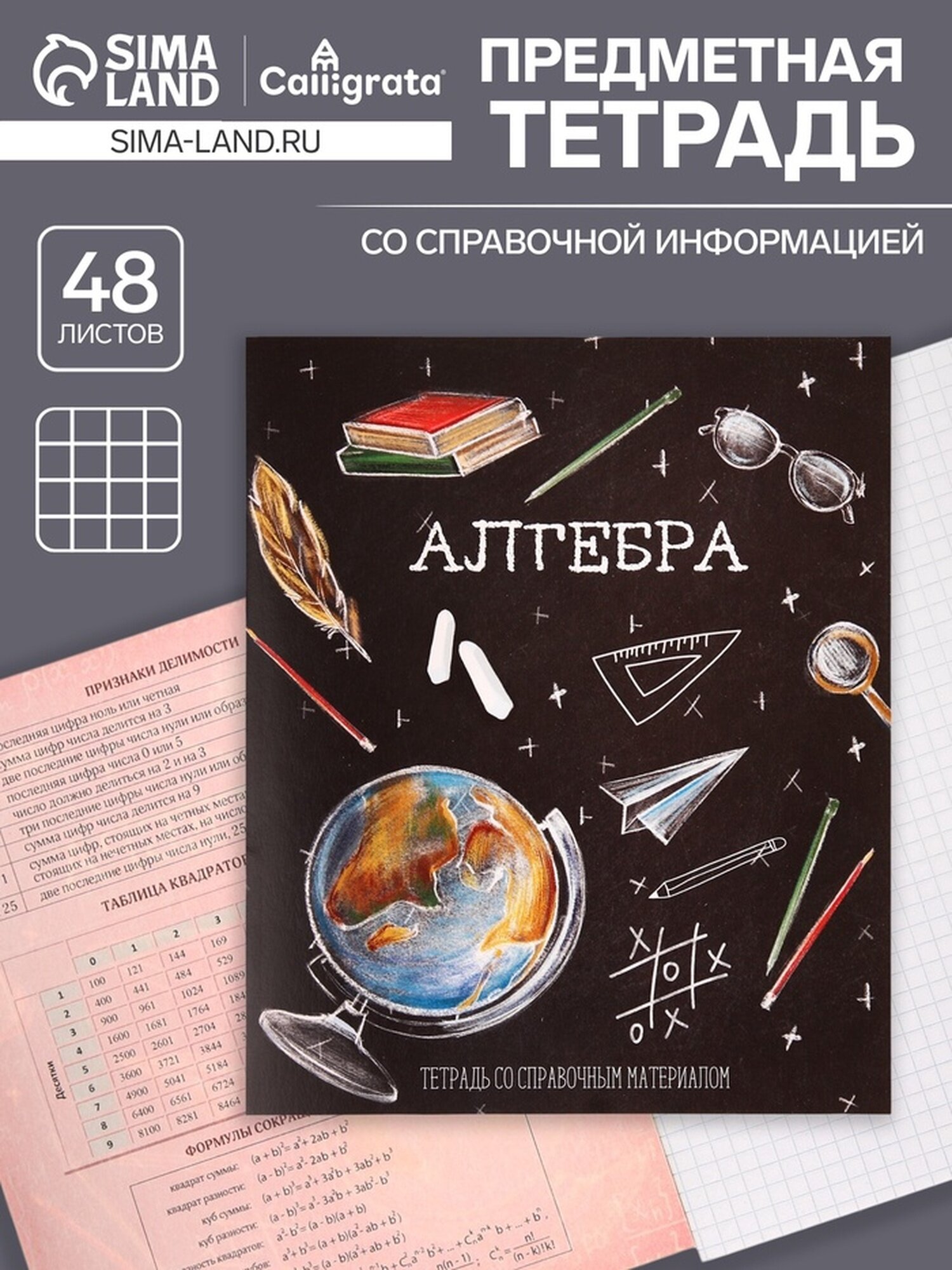 Тетрадь предметная 48 листов в клетку, Calligrata «Доска. Алгебра», обложка мелованный картон