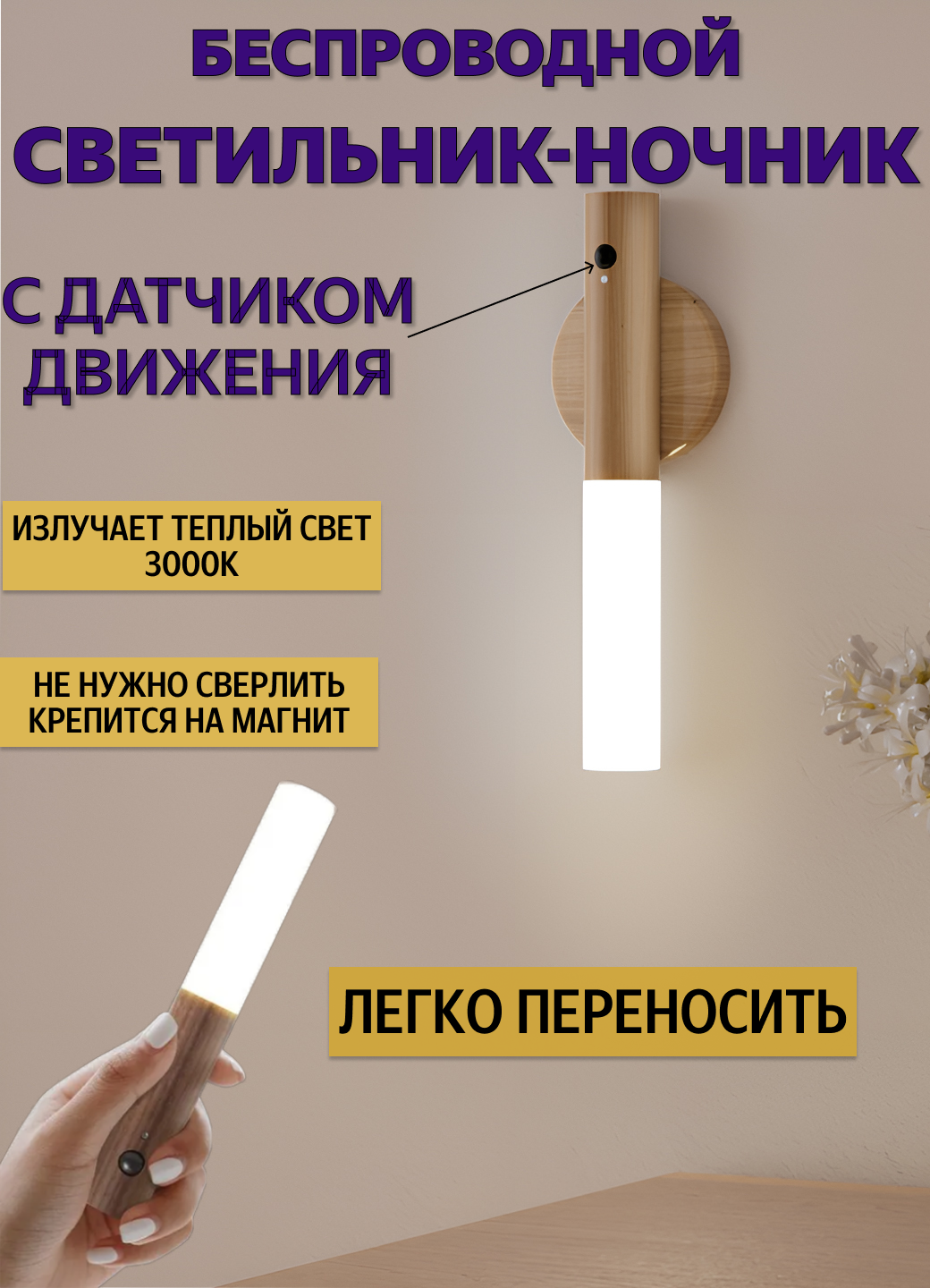 Светодиодный настенный светильник-ночник, беспроводной, с датчиком движения, пластик, орех