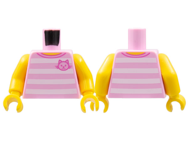 Torso T-Shirt with 4 White Horizontal Stripes Front and Back with Cat Pattern / Yellow Arms / Yellow Hands, 973pb2339c01 Bright Pink U