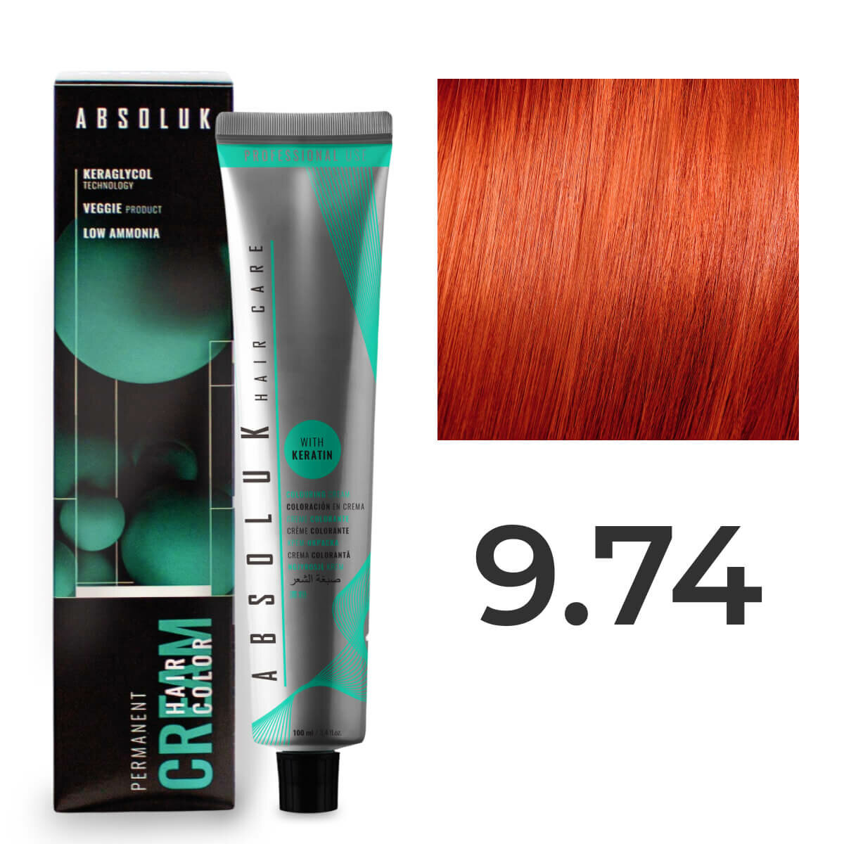 Крем - краска для волос профессиональная Absoluk Hair Color Cream 9.74 Блонд Красно-медный, 100 мл