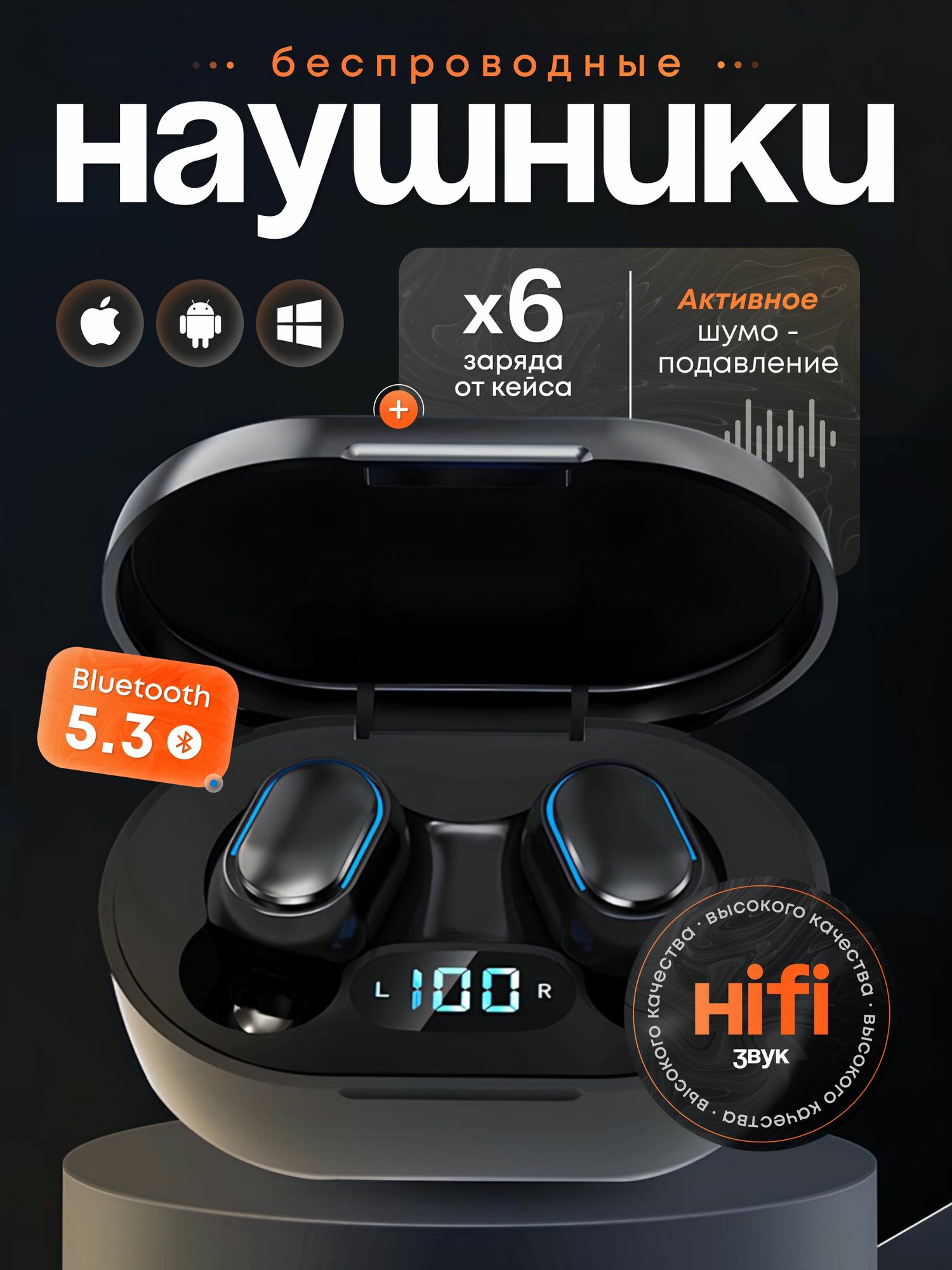 Nobixing Наушники беспроводные с микрофоном, Bluetooth, microUSB, черно-серый
