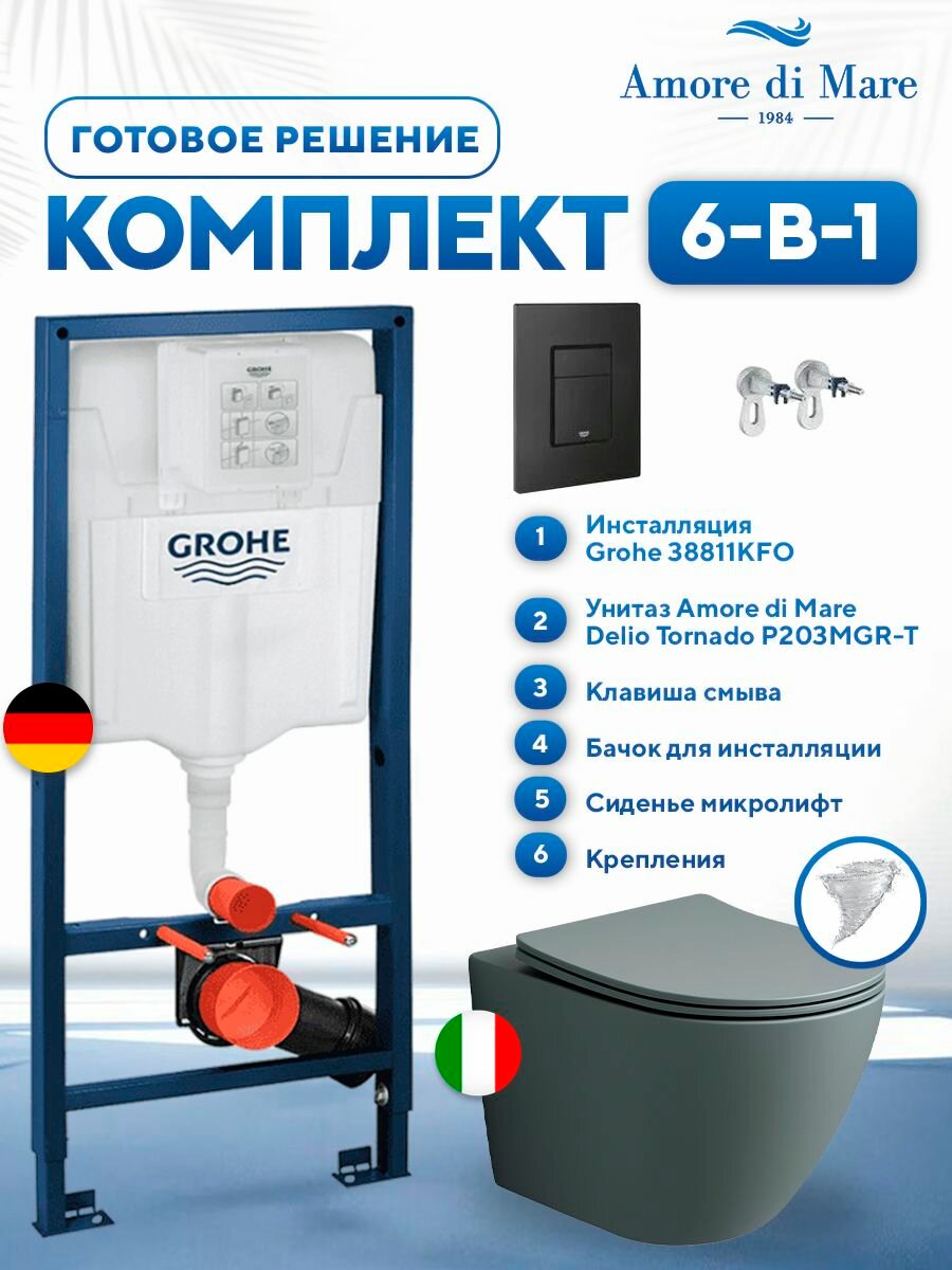 Инсталляция с унитазом 6 в 1: инсталляция Grohe 38811KF0+унитаз безободковый Amore di Mare Delio Tornado P203MGR-T Matte Grey+сиденье микролифт