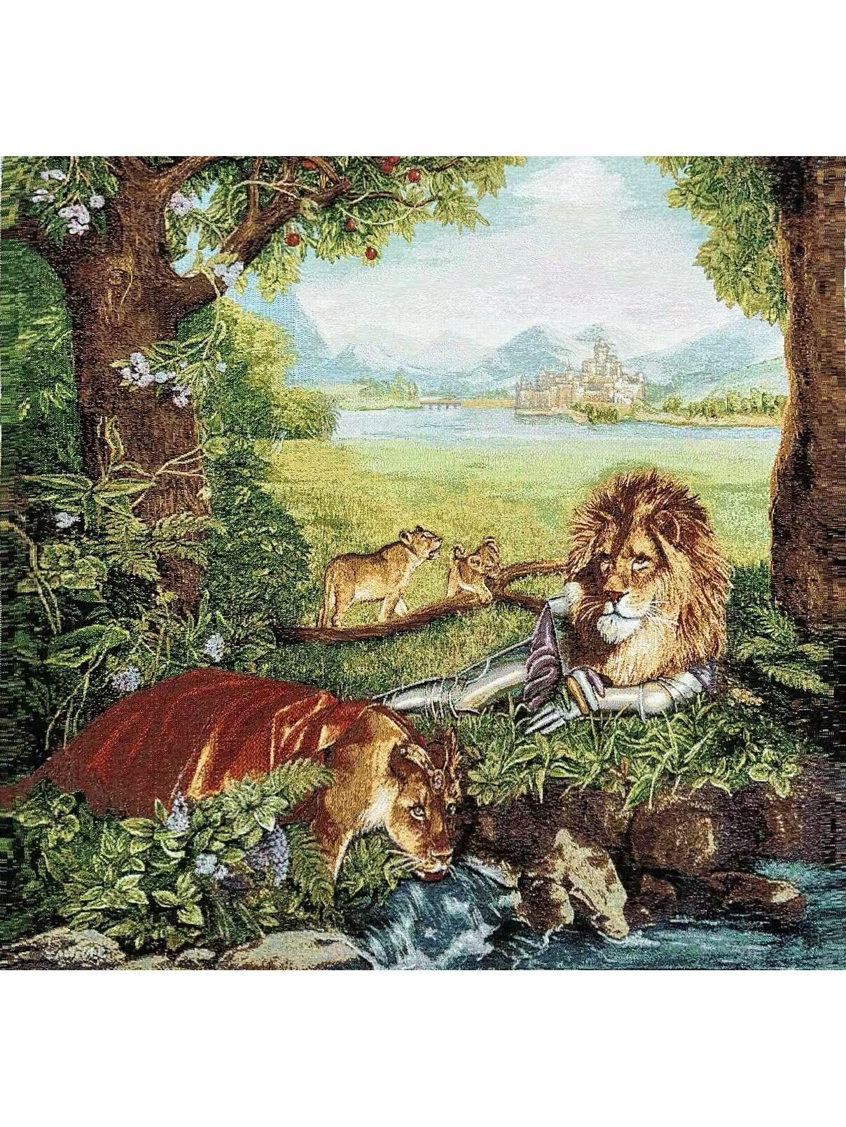 Средневековый гобелен 'Рыцарь-Лев' 70x70 см бесрамочное панно с замком (оверлок, ручная работа)
