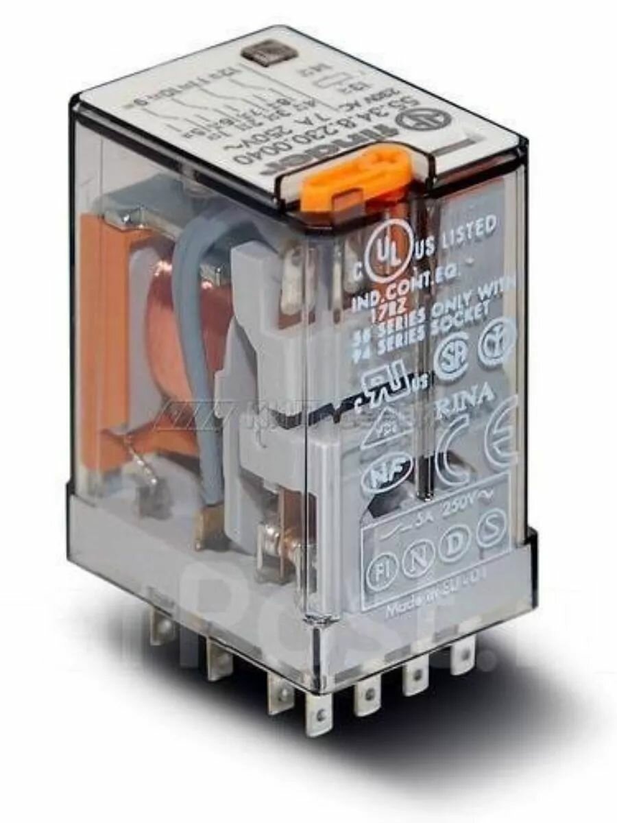 55.34.8.230.0040, Электромеханическое реле; 4CO 7A; контакты AgNi; катушка 230В АC; кнопка тест + мех. индикатор, пр-ль FINDER