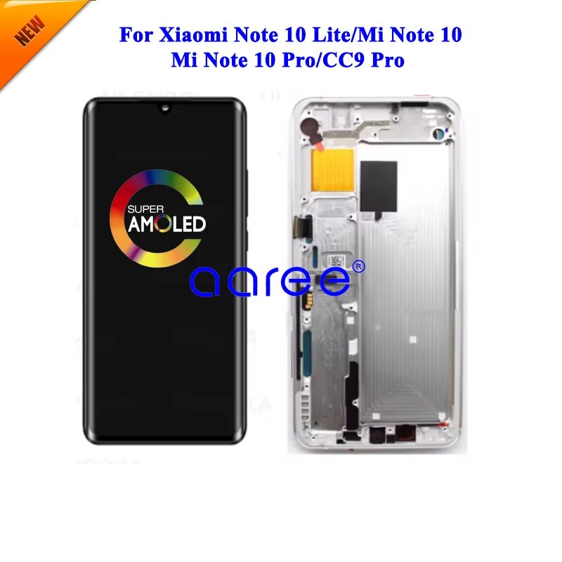 Оригинальный ЖК-дисплей AMOLED для Xiaomi Mi Note 10 Lite, ЖК-дисплей для Xiaomi Mi note 10, ЖК-дисплей, ЖК-экран, сенсорный дигитайзер в сборе Silver With Frame