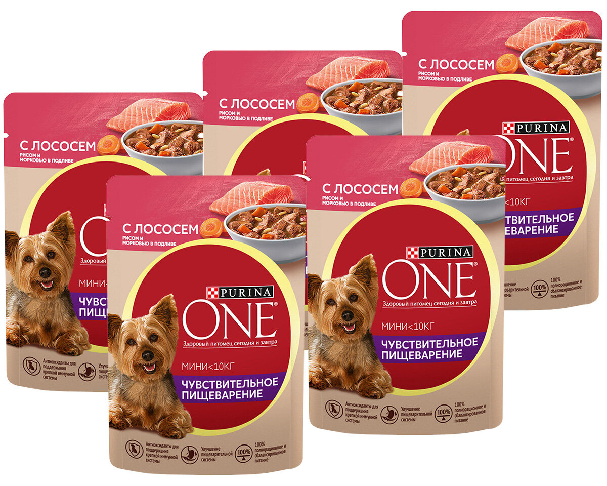 Влажный корм Purina One Мини для собак мелких пород при чувствительном пищеварении с лососем, рисом и морковью подлив пауч, 85 гр х 5 шт