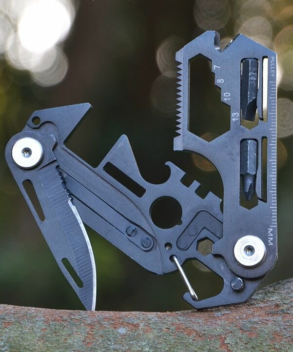 Брелок отвертка S38 гаечный ключ мультитул прямоугольный черный с битами и линейкой